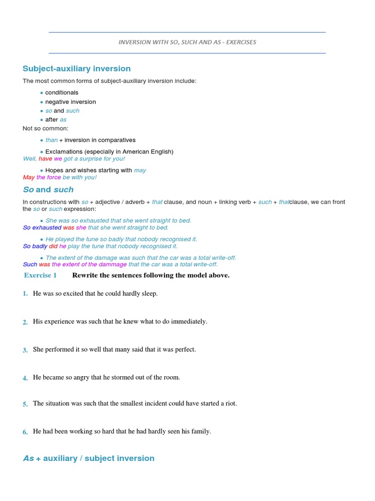 Subject-Auxiliary Inversion: So and Such | PDF | English Grammar ...
