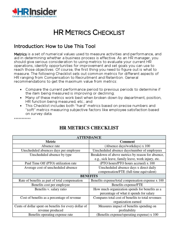HR Metrics Checklist PDF | PDF | Employee Retention | Employment