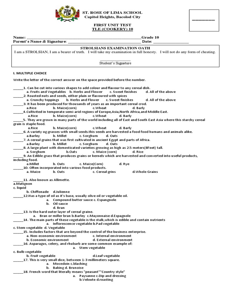 Unit Exam Grade 10 Cookery 1 | PDF | Barley | Cereals