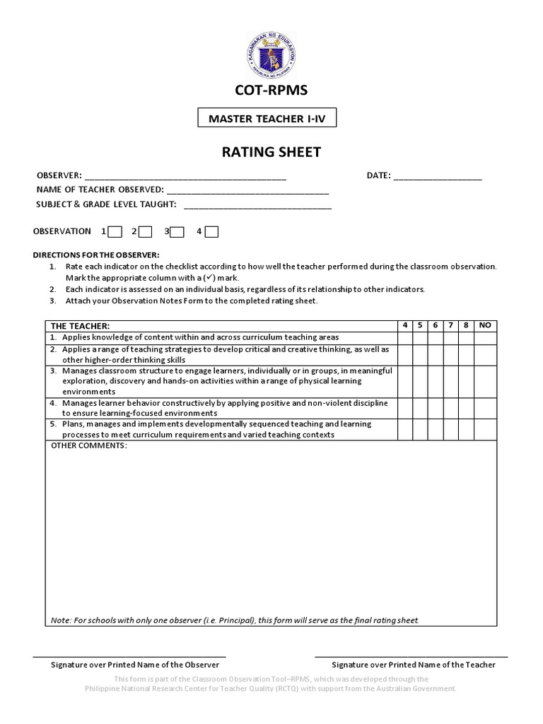 Rating Sheet Master Teacher I IV 051018 PDF | PDF
