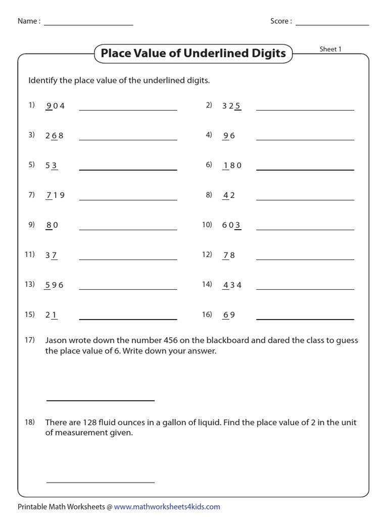 Place Value of Underlined Digits Worksheet | PDF | Volume | Units Of ...