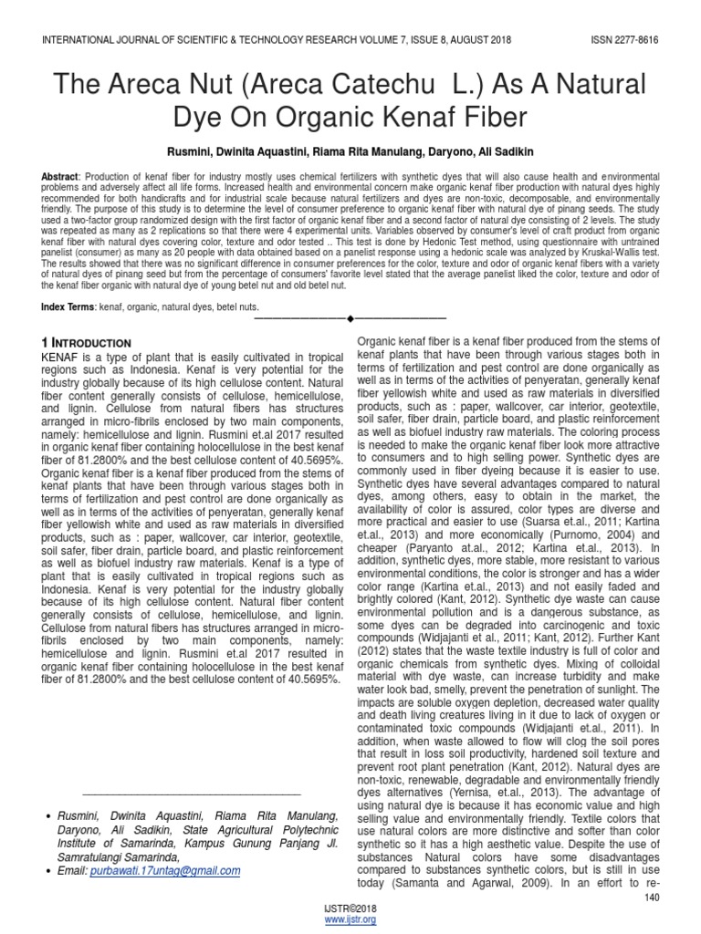 The Areca Nut Areca Catechu L As A Natural Dye On Organic Kenaf Fiber | PDF | Dye | Cellulose