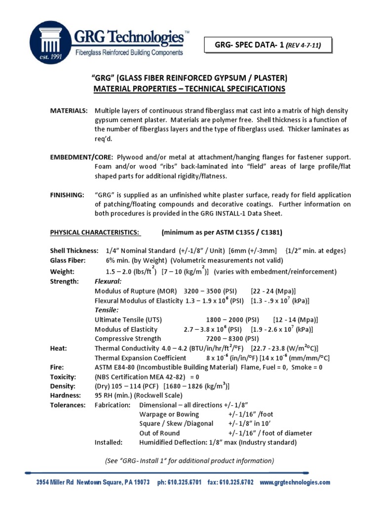 GRG Technical Specifications Sheet | PDF | Fiberglass | Young's Modulus
