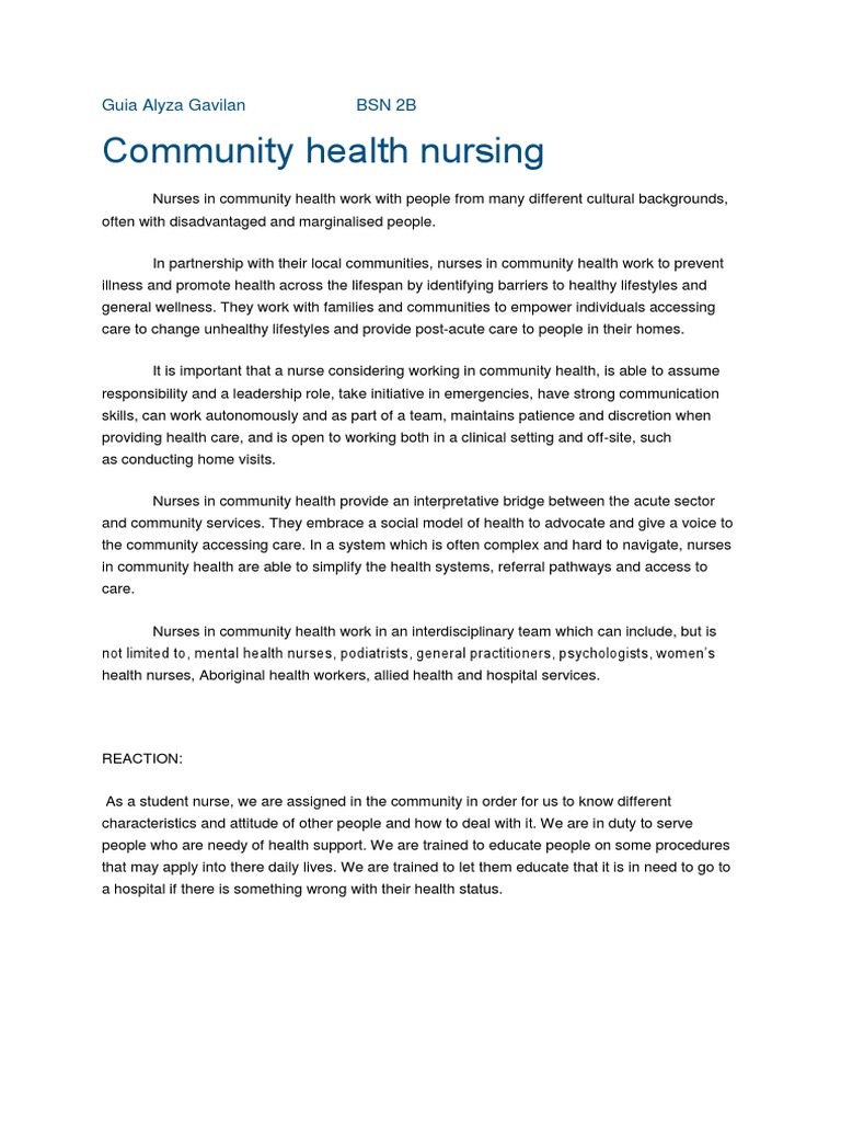 Community Health Nursing: Guia Alyza Gavilan BSN 2B | PDF