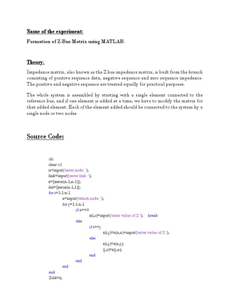 Formation of a Z-Bus Matrix in MATLAB to Model Electrical Network ...