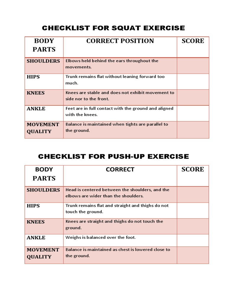 Checklist For Squat Exercise | PDF