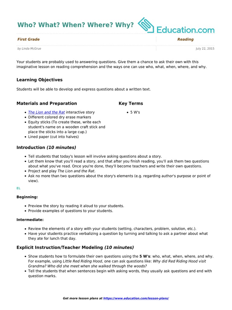 First Grade 5 W's Reading Lesson Plan | PDF | Question | Reading ...