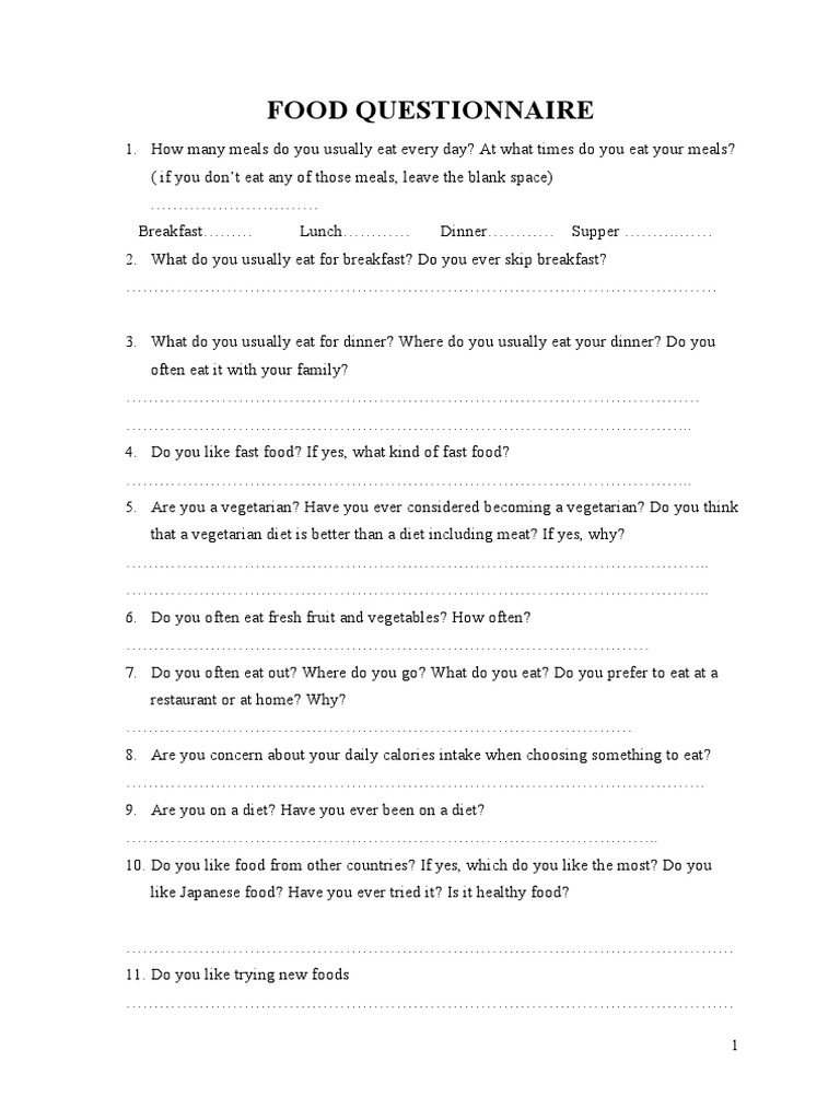 Food Questionnaire 1 PDF | Download Free PDF | Meal | Dieting