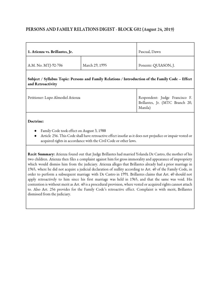 Persons and Family Relations Case Digests | PDF | Obergefell V. Hodges | Ethical Principles