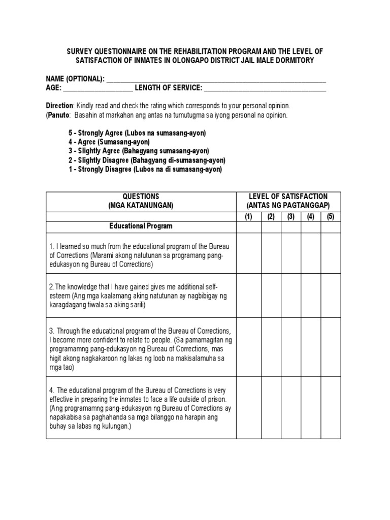 Survey Questionnaire On The Rehabilitation Program and The Level of ...