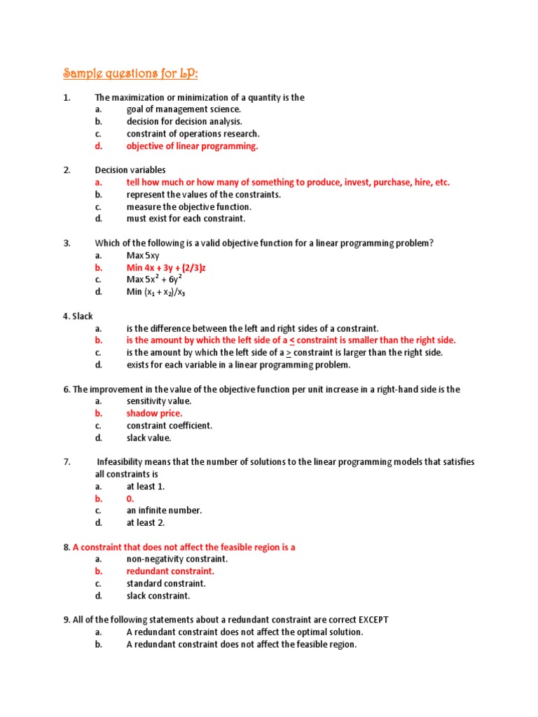 Linear Programming MCQs and Concepts | PDF | Linear Programming | Mathematical Optimization
