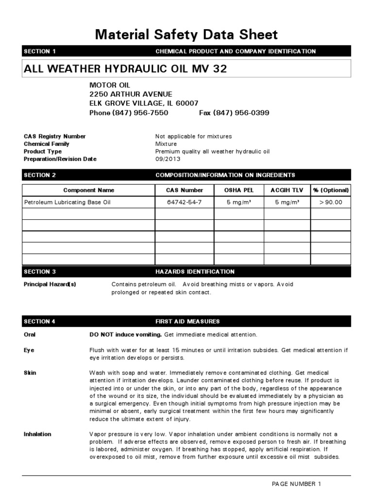 Material Safety Data Sheet: All Weather Hydraulic Oil MV 32 | PDF ...