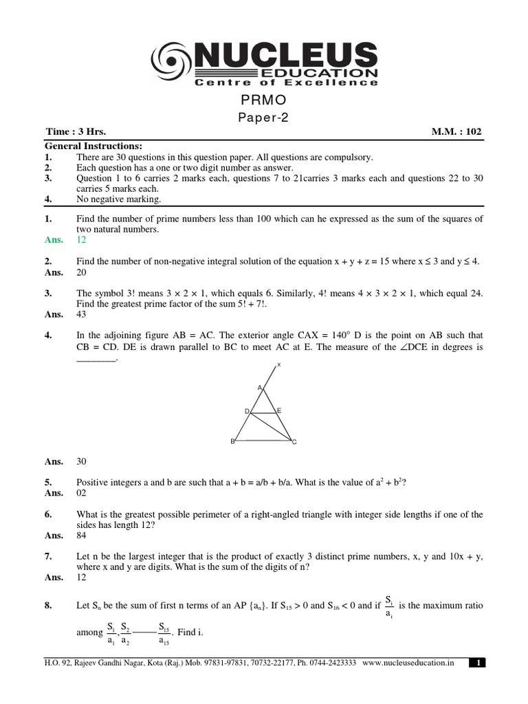 Paper-2 (PRMO) 2-6-2019 - With Ans PDF | PDF | Numbers | Number Theory