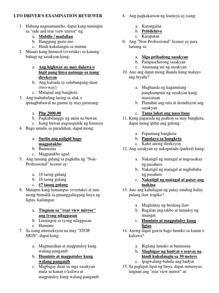 Lto Non Pro Reviewer Exam PDF | PDF
