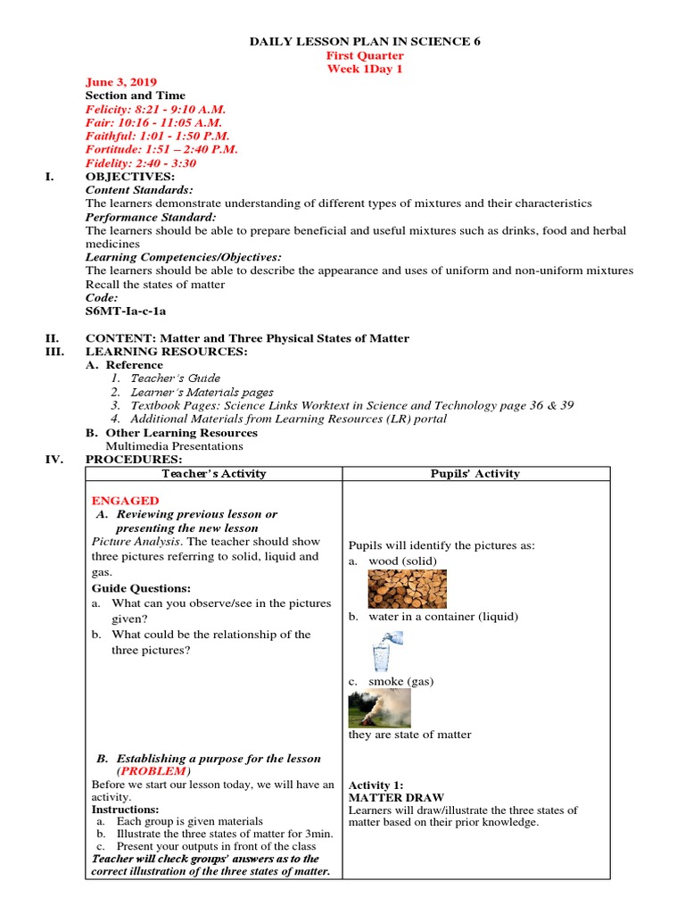 Daily Lesson Plan | PDF | Matter | Gases