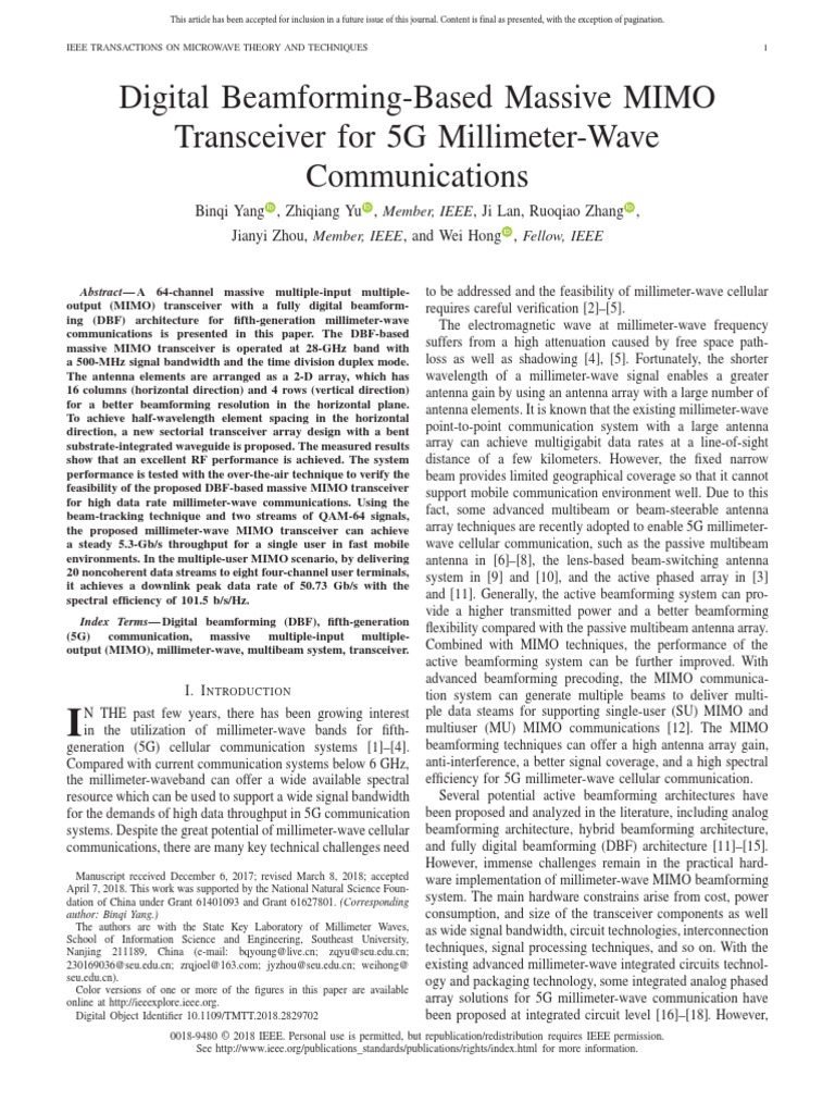 Digital Beamforming-Based Massive MIMO Transceiver For 5G Millimeter ...