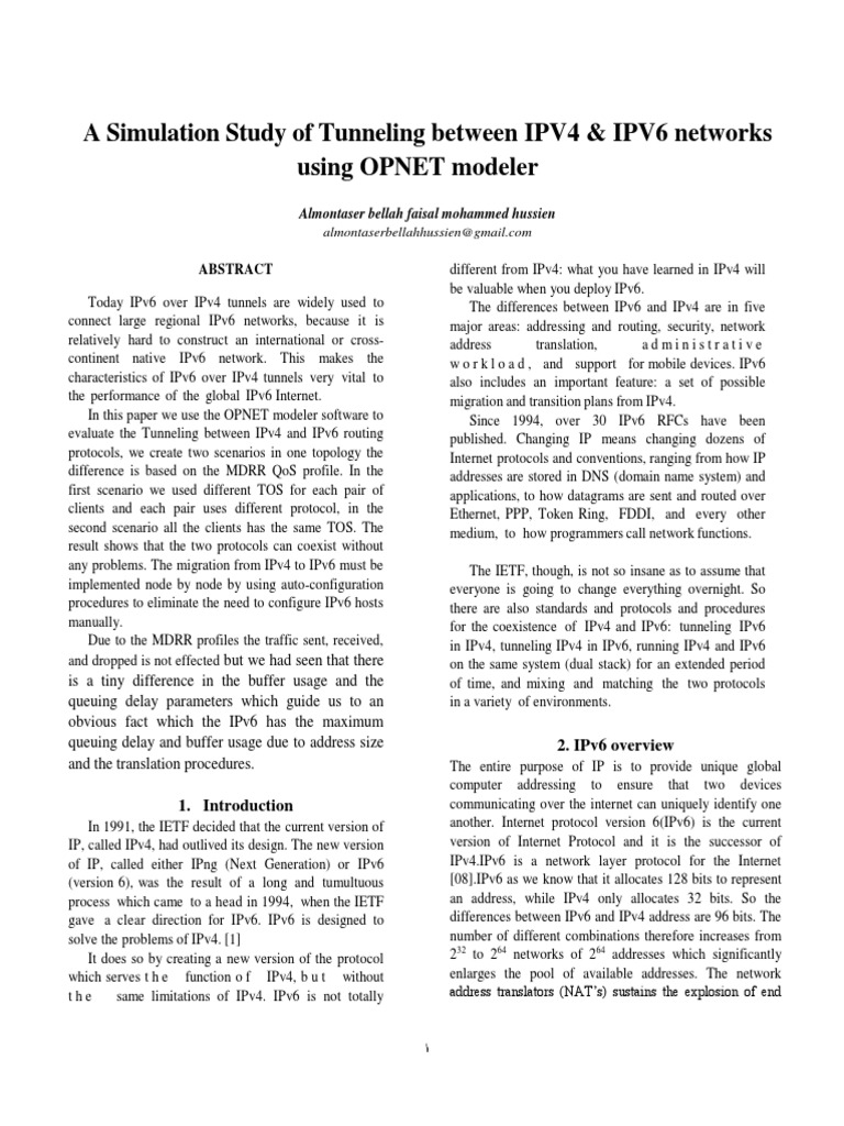 A Simulation Study of Tunneling Between IPV4 & IPV6 Networks Using OPNET Modeler | PDF | I Pv6 ...