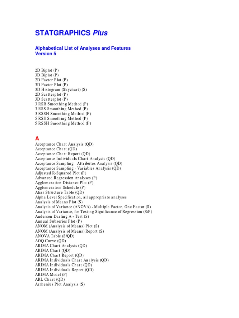 Statgraphics Plus: Alphabetical List of Analyses and Features | PDF | Regression Analysis ...