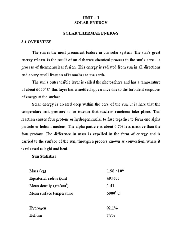 Unit - I Solar Energy Solar Thermal Energy 3.1 Overview | PDF | Sun ...