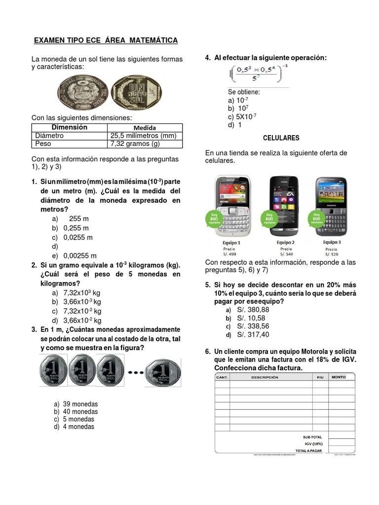 Examen Tipo Ece Área Matemática | PDF | Kilogramo | Naturaleza