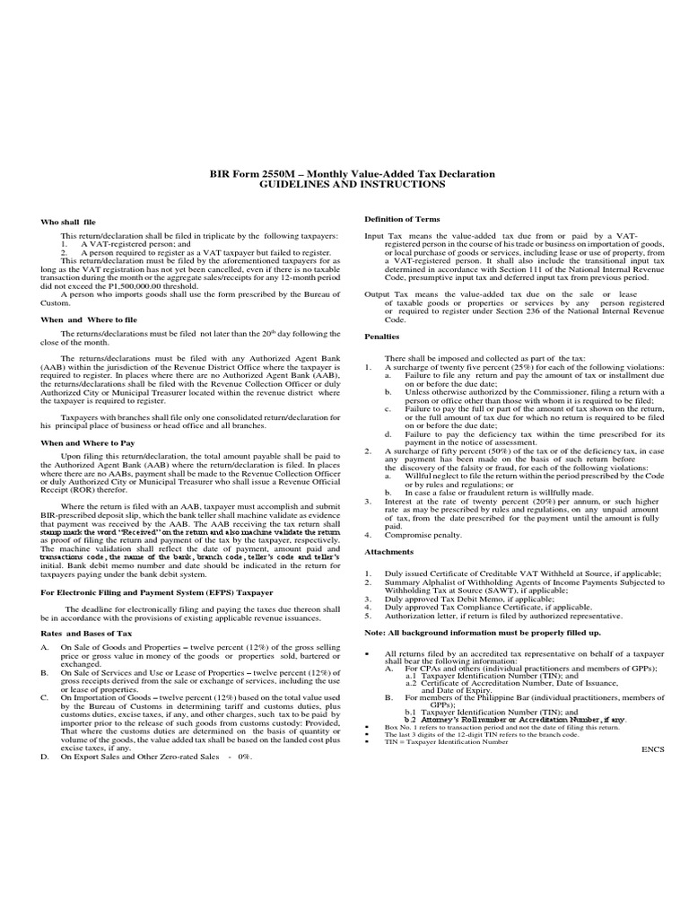 BIR Form 2550M - Monthly Value-Added Tax Declaration Guidelines and ...