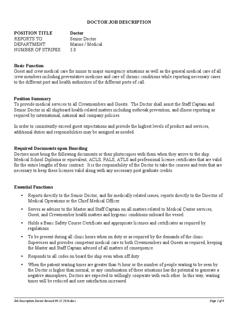 Doctor Job Description Position Title Doctor | PDF | Physician | Patient