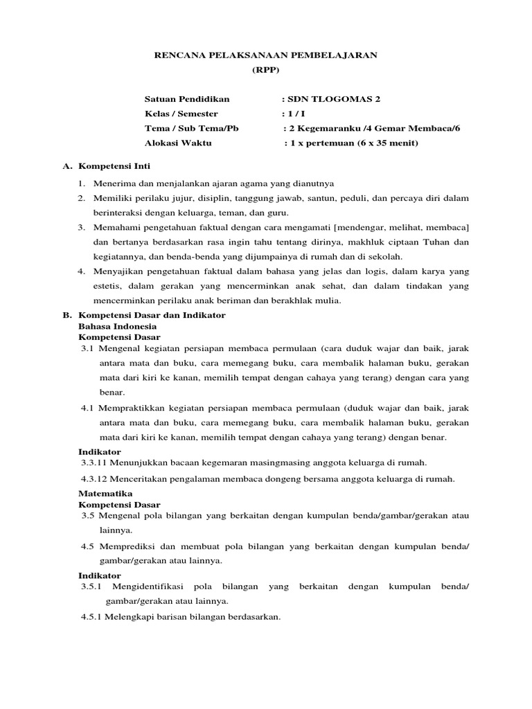 RPP Kelas 1 | PDF