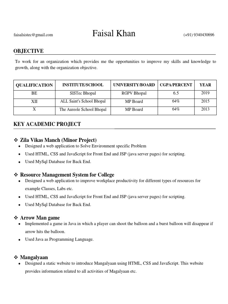 Faisal Khan: Objective | PDF | Java Server Pages | Java Script
