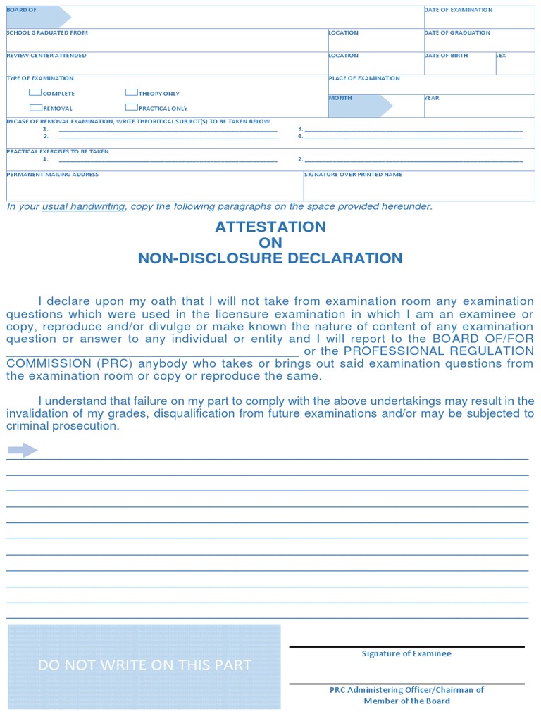 Attestation ON Non-Disclosure Declaration: Do Not Write On This Part ...