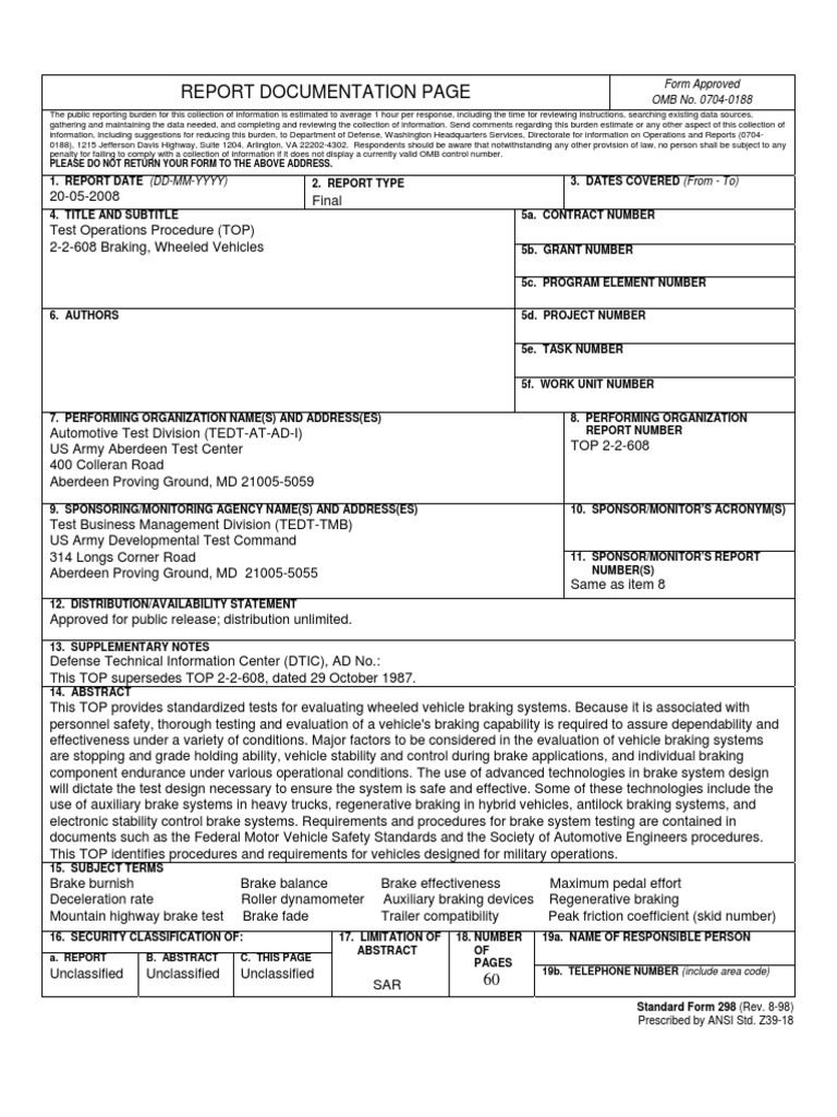 Test Operations Procedure - Braking - Wheeled Vehicles | PDF | Brake ...
