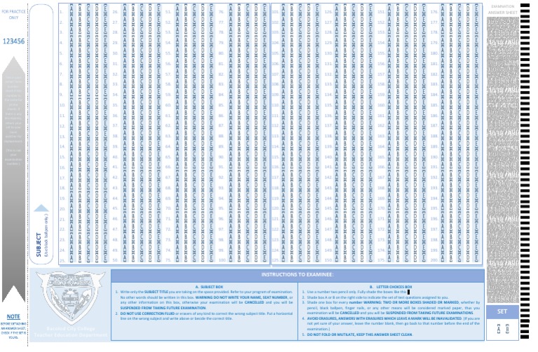 Answer Sheet: Bacolod City College Teacher Education Department | PDF ...