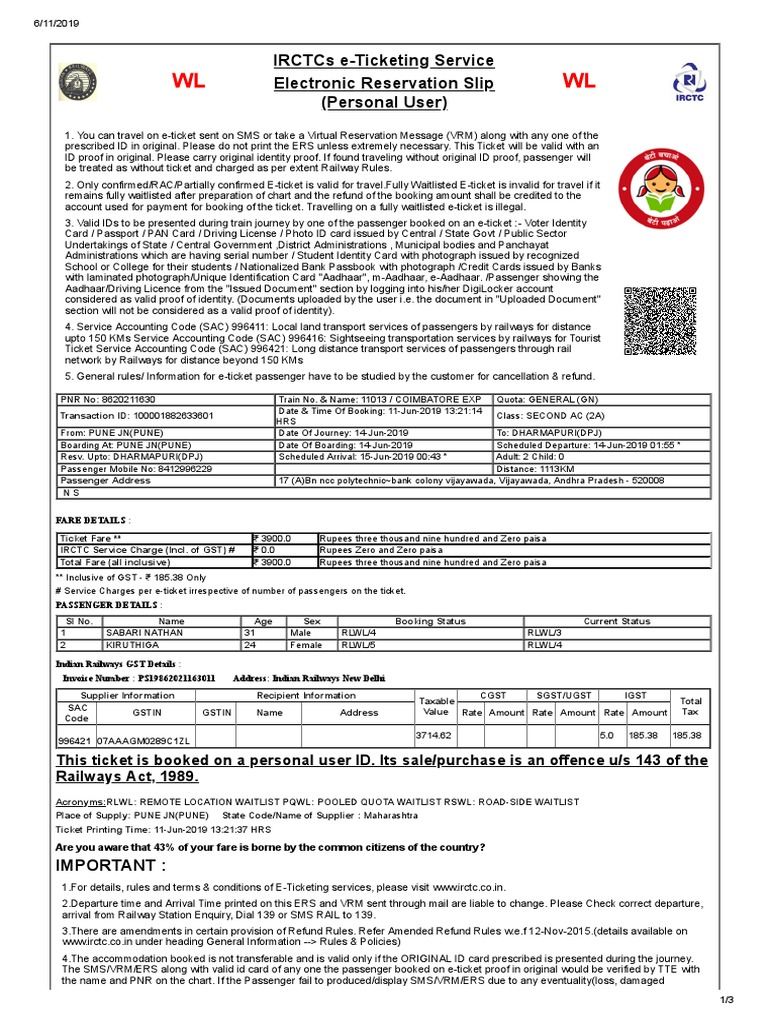 WL WL: Irctcs E-Ticketing Service Electronic Reservation Slip (Personal ...