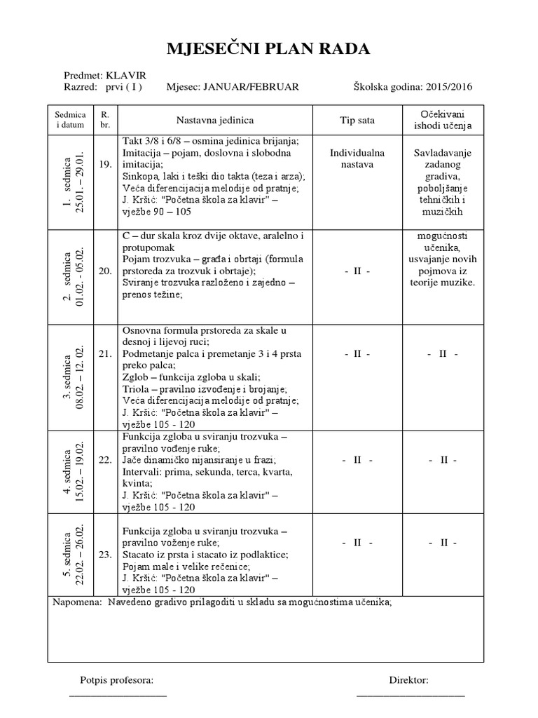 Mjesecni Plan Januar, Februar Prvi Razred | PDF