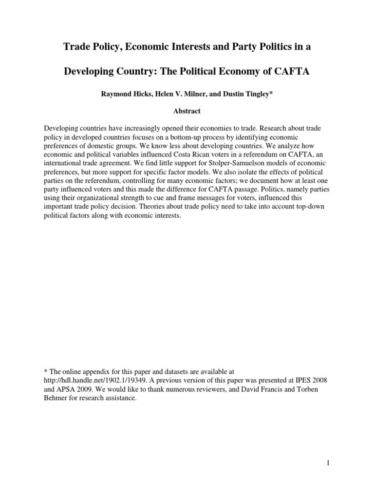 Trade Policy, Economic Interests and Party Politics in A Developing ...
