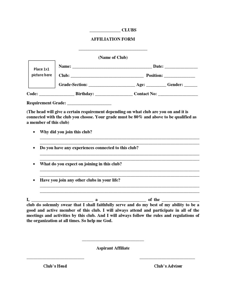 Club Affiliation Form Template | PDF