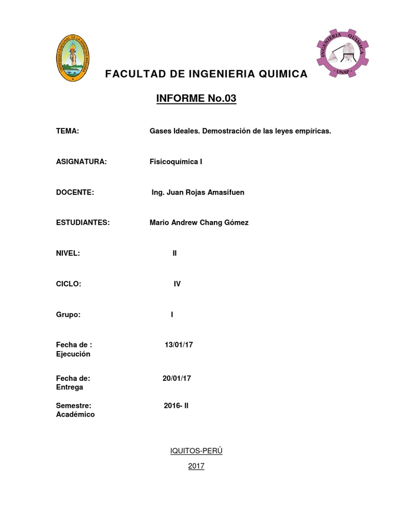 Fisicoquimica Info3 Gases Ideales - Fiq-Unap | PDF | Gases | Importar