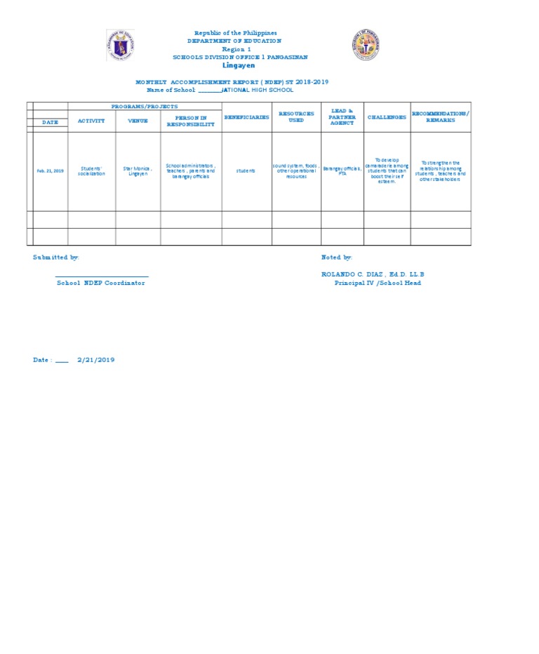 Ndep Accomplishment Report February | PDF | Schools