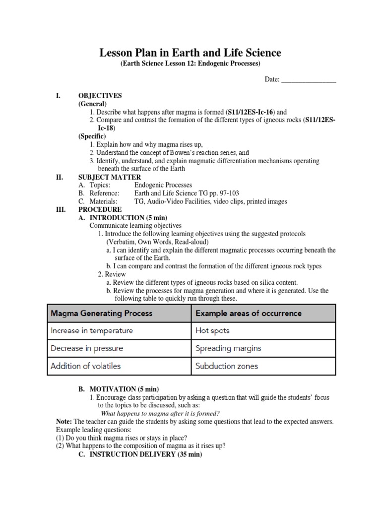 Lesson Plan in Earth and Life Science: What Happens To Magma After It ...