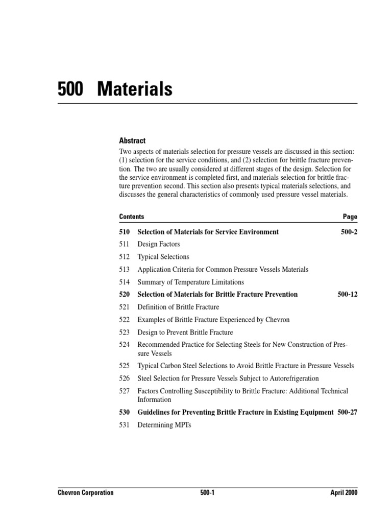 500 Materials: 510 Selection of Materials For Service Environment 500-2 ...