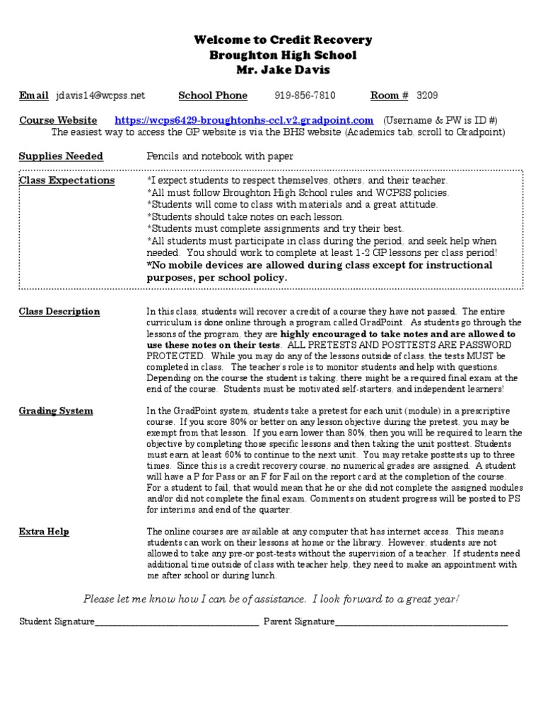Welcome Letter - Class Info - Credit Recovery | PDF | Teachers ...