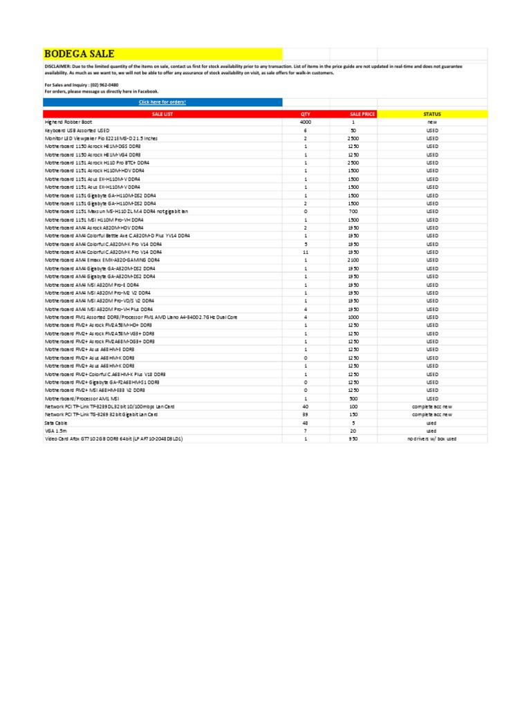 Bodega Sale: Click Here For Orders! Sale List QTY Sale Price | Download ...