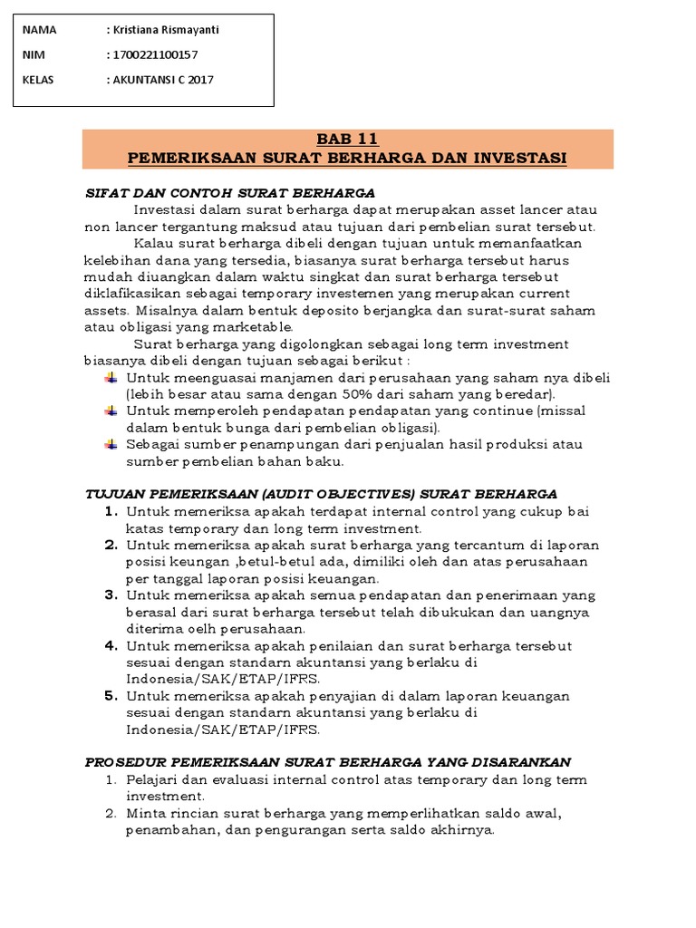 Akuntansi C - Auditing 2 - Pemeriksaan Surat Berharga Dan Investasi - Kristiana Rismayanti ...