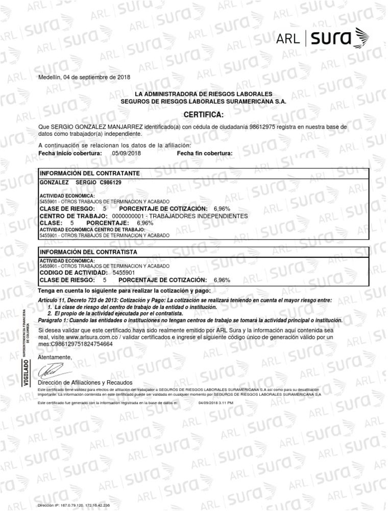 CERTIFICADO ARL Sergio PDF | PDF