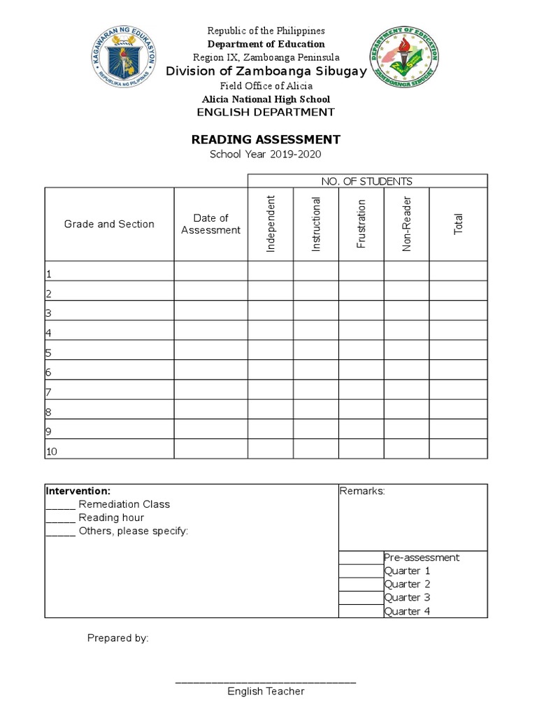 Reading Assessment Form | Download Free PDF | Education Theory | Pedagogy