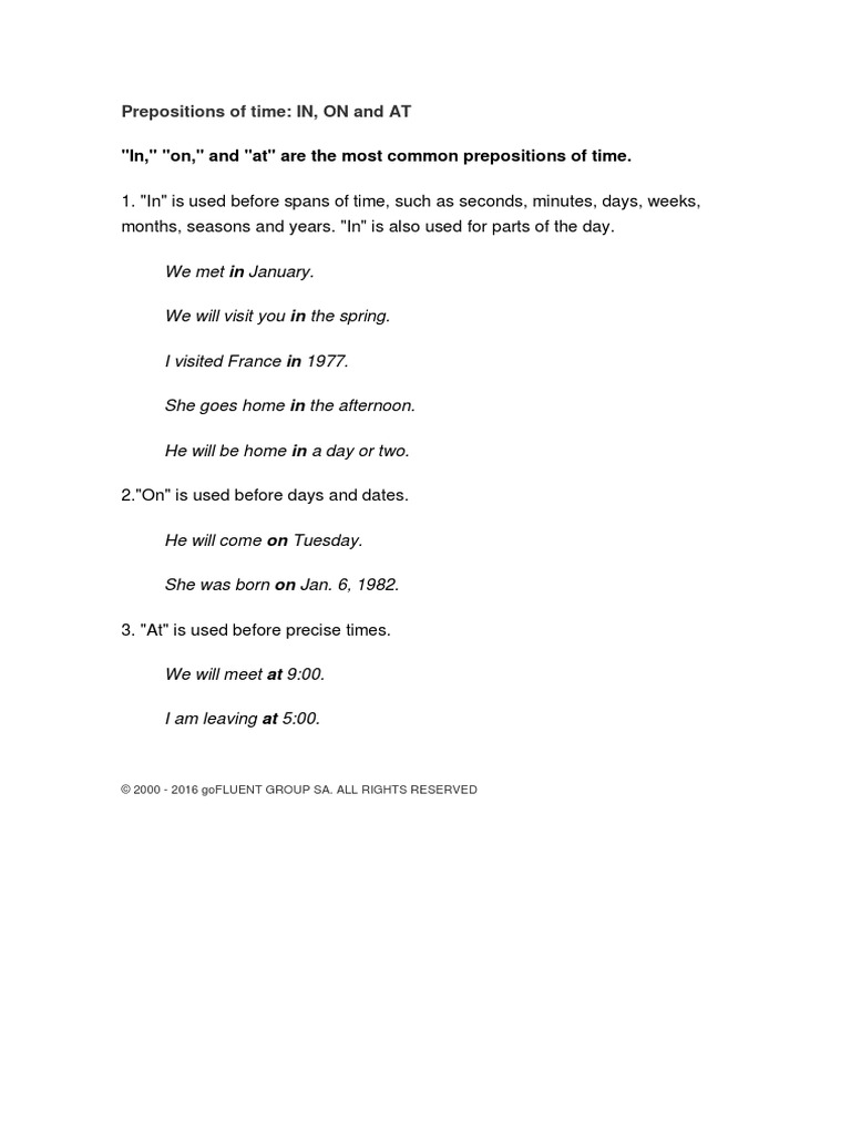 Prepositions of Time. IN, ON and AT PDF | PDF
