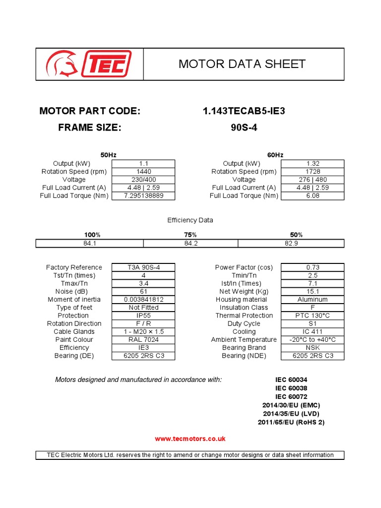 Motor Data Sheet: Motor Part Code: 1.143TECAB5-IE3 Frame Size: 90S-4 ...