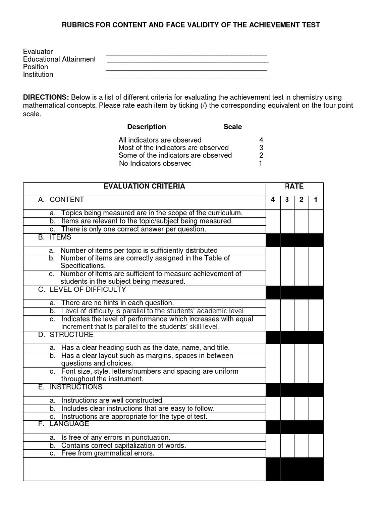Rubrics For Content and Face Validity of The Achievement Test | PDF ...