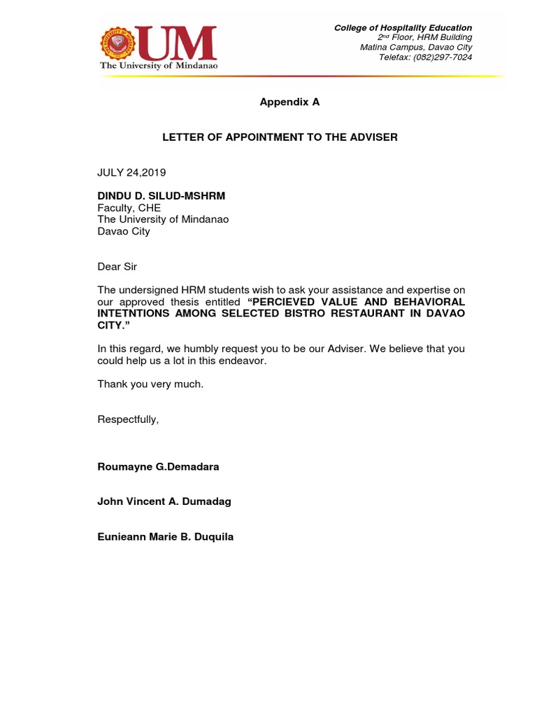 1 Appendix A Letter of Appointment To The Adviser | PDF