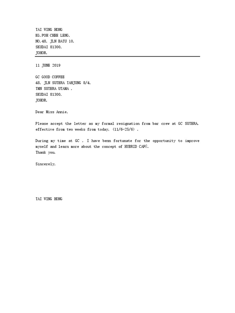Resignation Letter | PDF | Cooking, Food & Wine | Wellness