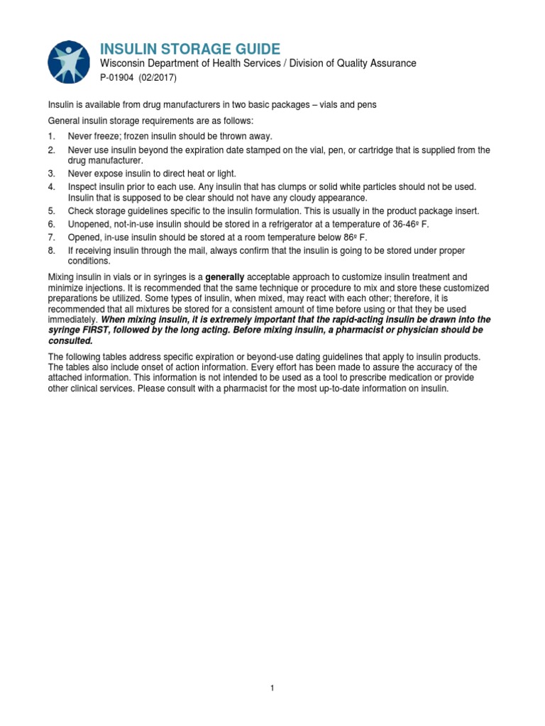 Insulin Storage Guide: Wisconsin Department of Health Services ...